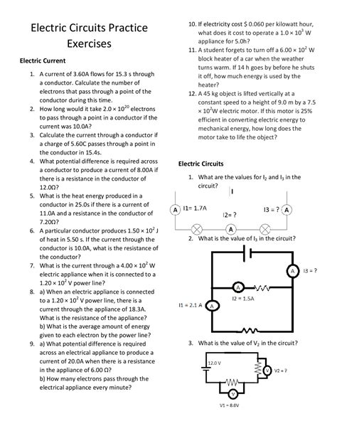 Electric Circuits Practice Exercises Study Notes Physics Docsity