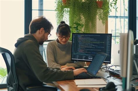 Young Female Programmer Standing On Her Desk Coding On A Laptop Having Discussion With A Male