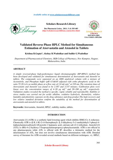Pdf Validated Reverse Phase Hplc Method For Simultaneous Estimation Of Atorvastatin And