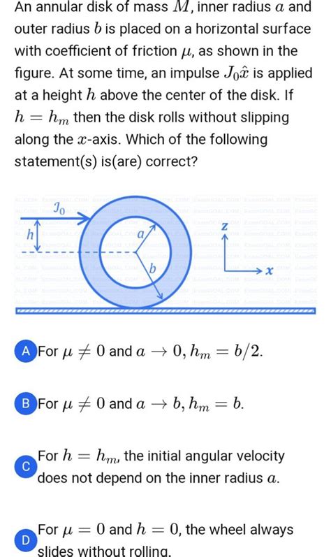 An Annular Disk Of Mass M Inner Radius A And Outer Radius B Is Placed On