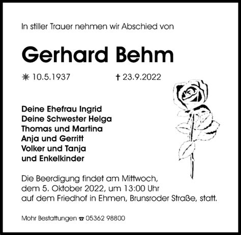 Traueranzeigen Von Gerhard Behm Trauer Anzeigende