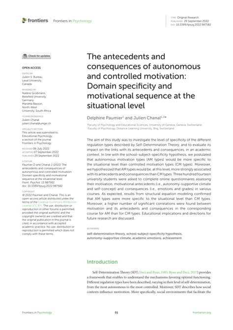 Pdf The Antecedents And Consequences Of Autonomous And Controlled Motivation Domain