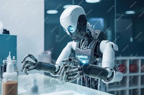 premium photo robot scientist mixing volatile chemicals in laboratory