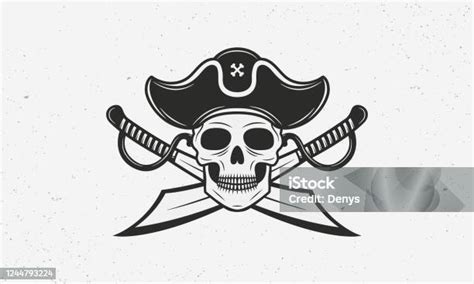 해적 아이콘 기호 흰색 배경에 고립 된 기호 두개골 모자와 교차 검 해적 아이콘 티셔츠 타이포그래피용 빈티지 프린트 벡터