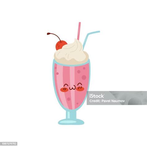 밀크 쉐이크 유리 귀여운 귀여운 음식 만화 문자 벡터 일러스트는 흰색 바탕에 밀크 셰이크에 대한 스톡 벡터 아트 및 기타 이미지 밀크 셰이크 카와이 건강한 식생활