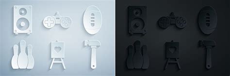 세트 우드 이젤 또는 페인팅 아트 보드 미식 축구 공 볼링 핀 해머 게임 패드와 스테레오 스피커 아이콘 벡터 3차원 형태에 대한 스톡 벡터 아트 및 기타 이미지 Istock