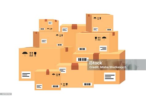 나무 팔레트에 골판지 상자 창고의 다른 상자는 전면 뷰를 스택합니다 나무 팔레트 벡터 그림에 상자 다양한 크기의 접힌 골판지 상자 무리 0명에 대한 스톡 벡터 아트 및 기타