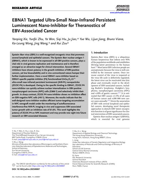 Ebna1 Targeted Ultra‐small Near‐infrared Persistent Luminescent Nano‐inhibitor For Theranostics