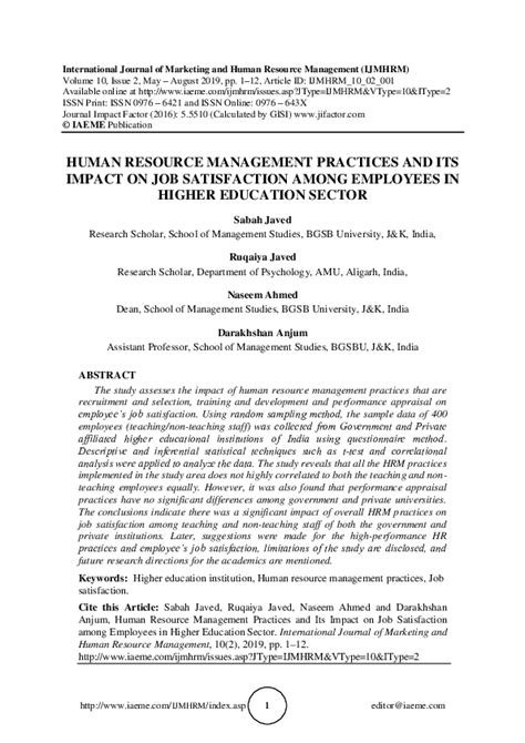 Pdf The Impacts Of Human Resource Management Practices On Employees Job Performance Waiphot