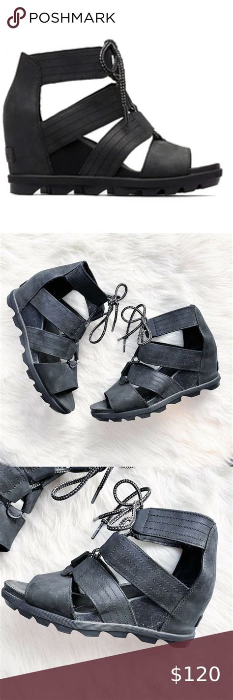 Sorel Joanie Ii Lace Black Leather Wedge Sandal Black Laces Black