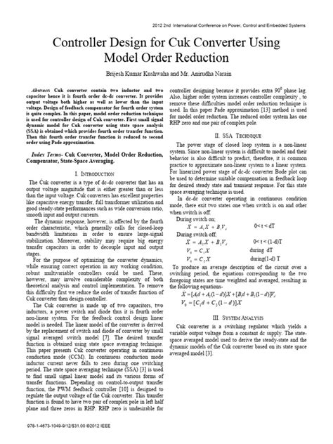 Fardapaper Controller Design For Cuk Converter Using Model Order Reduction Pdf Control