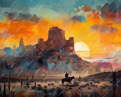 Una Pintura De Un Vaquero Montando A Caballo En Un Desierto Con