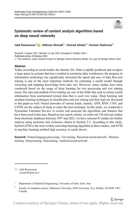 Systematic Review Of Content Analysis Algorithms Based On Deep Neural Networks Request Pdf