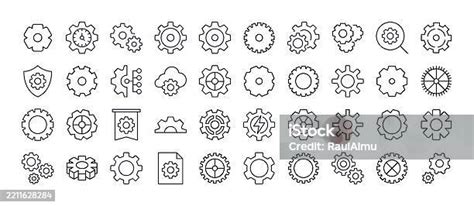 기어 및 톱니바퀴 라인 아이콘 컬렉션 그래픽 및 웹 디자인 앱 광고 다양한 카드에 대한 개요 표지판 개발에 대한 스톡 벡터 아트