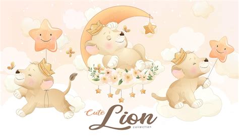 수채화 일러스트 세트와 함께 귀여운 작은 사자 무료 벡터