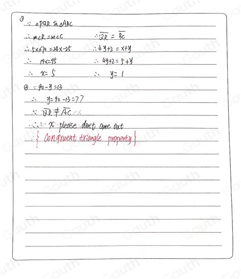 solved consider that delta pqr≌ delta abc solve the values of x and y