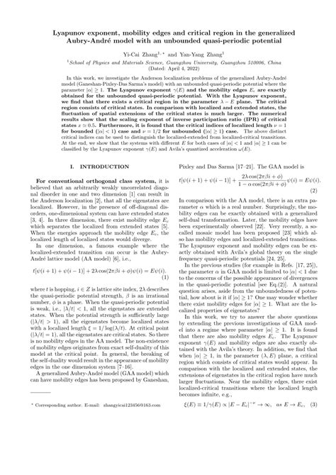 Pdf Lyapunov Exponent Mobility Edges And Critical Region In The Generalized Aubry André Model