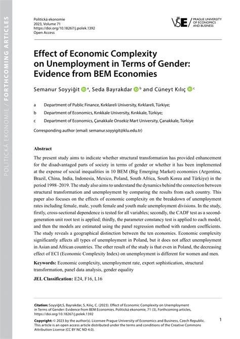 Pdf Effect Of Economic Complexity On Unemployment In Terms Of Gender