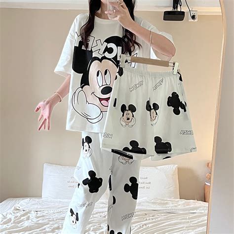 Pf13363 夏季款女士短袖短裤加长裤三件套卡通印花睡衣家居服女裝貨源服裝批發家居服女装批发 夏款女装批发台灣服飾批發马来西亚