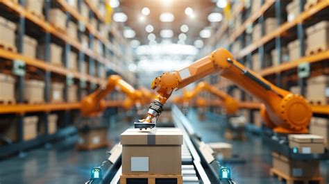 Automated Hightech Warehouse With Robotic Arms Sorting Packages For Efficient Supply Chain
