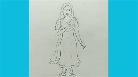 How To Draw A Girl Wearing Salwar Kameez With Dupatta Youtube