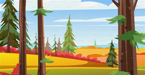 가을 풍경입니다 숲에서 바라본 풍경 주황색과 노란색 잔디와 식물이 있는 아름다운 밝은 시골 풍경 만화 스타일의 플랫 디자인의 그림입니다 벡터 벡터