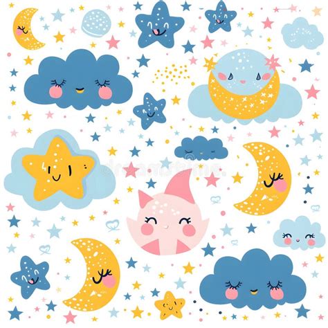 Image Of Cute Celestial Objects With Faces Including Stars Clouds And Moon Cartoon Graphic