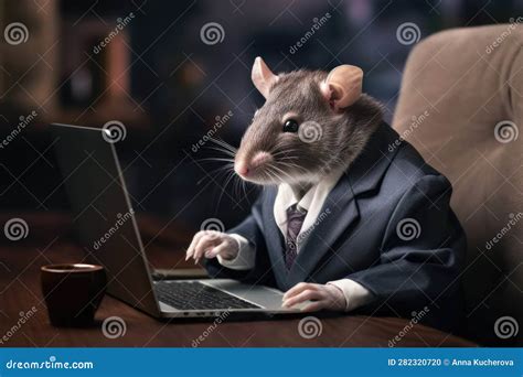 Serious Rat Wearing Business Suit Working On Laptop At Its Desk In The