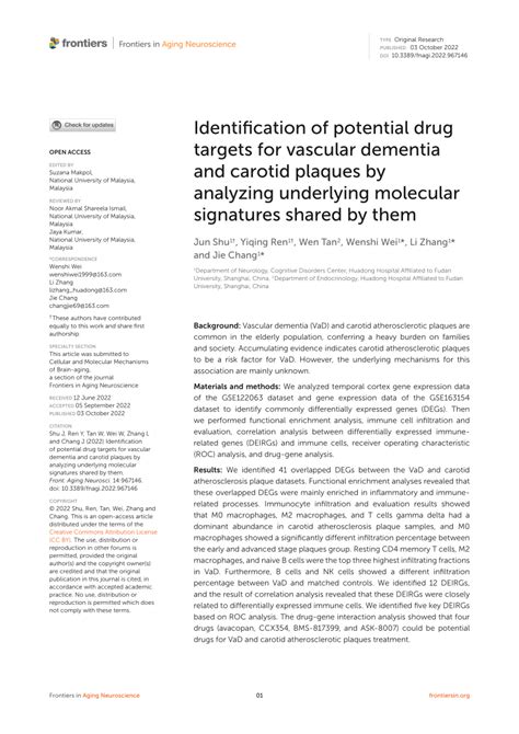 Pdf Identification Of Potential Drug Targets For Vascular Dementia And Carotid Plaques By