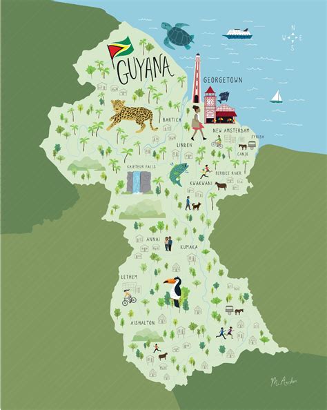 Guyana Illustrated Map Etsy Guyana Artwork Guyana Travel Map
