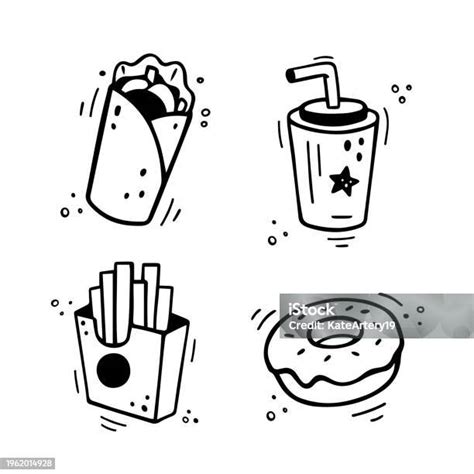 패스트 푸드 세트 Shawarma Burrito 감자 튀김 음료 도넛 만화 낙서 스케치 스타일입니다 벡터 일러스트 레이 션 도뇌르 케밥에 대한 스톡 벡터 아트 및 기타