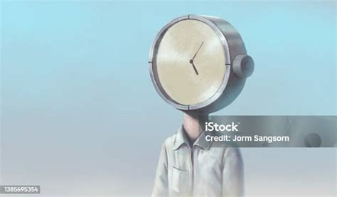 남자 얼굴에 초현실적 인 시계 시간의 개념 아이디어 3d 페인팅 일러스트레이션 벽 시계에 대한 스톡 벡터 아트 및 기타 이미지