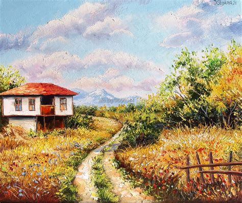 Летен пейзаж Българско село Картина с маслени бои 64 Cm 54 Cm Платно