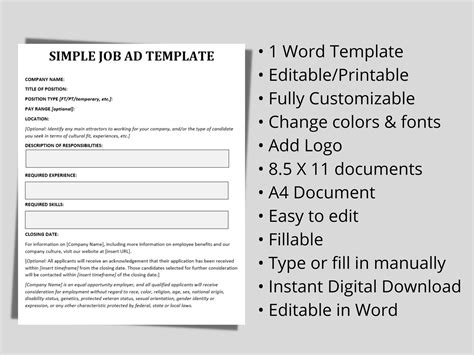 Simple Job Ad Template Editable Ms Word Easy Hiring Solutions Etsy