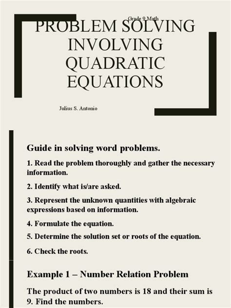 Problem Solving Involving Quadratic Equations Pdf Equations