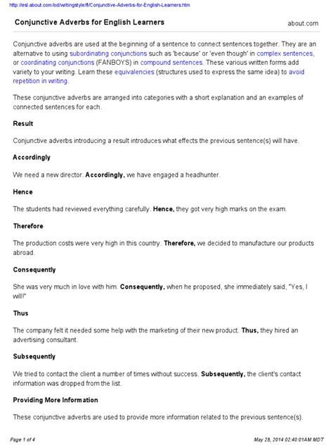 Conjunctive Adverbs For English Learners Pdf English Grammar Cognition