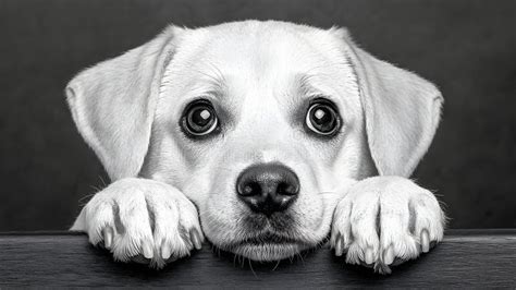 Adorable Monochrome Puppy Portrait Big Eyes Dark Wood Background Stock