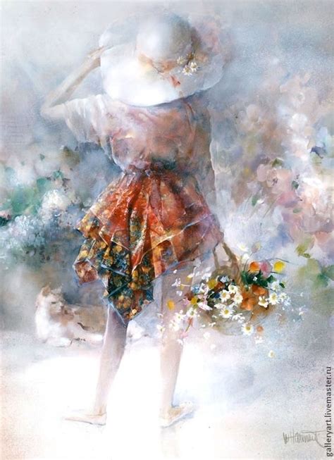 Купить Картина Девушка с букетом кошка лето подарок шляпа подарок подруге