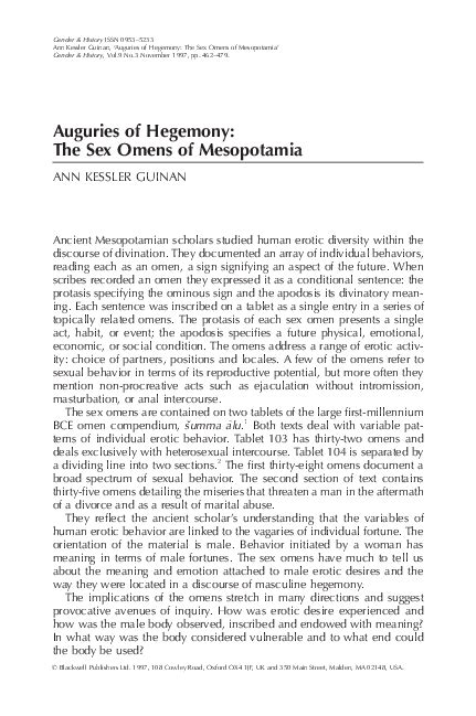 Pdf Auguries Of Hegemony The Sex Omens Of Mesopotamia