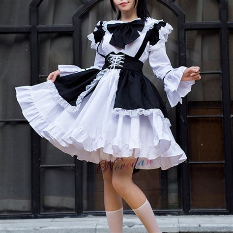 `men Women Maid Outfit Anime Sexy Black White Apron Dress Sweet Gothic
