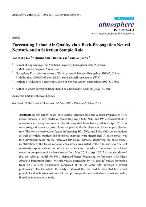 Pdf Forecasting Urban Air Quality Via A Back Propagation Neural