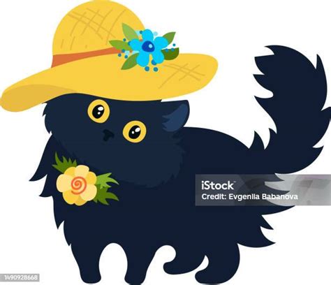 꽃이 있는 노란 여름 모자를 쓴 검은 고양이 만화 스타일 벡터 그림 가축에 대한 스톡 벡터 아트 및 기타 이미지 가축 겨울 고양이 사료 Istock