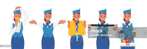 파란색 유니폼과 모자를 쓴 스튜어디스 승무원이 비행기 승객에게 정보를 설명합니다 공기 안주인 벡터 승무원 교통 관련 직업에 대한 스톡 벡터 아트 및 기타 이미지 Istock