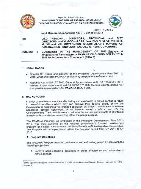 Dilg Opapp Jmc No 2014 02 Re Guidelines In The Management Of The Pamana Dilg Fund For Fy 2014