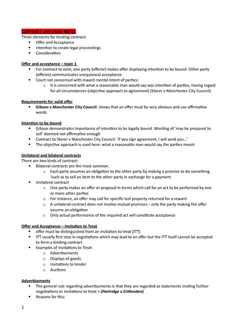 Contract Exam Notes CONTRACT LAW EXAM NOTES Three Elements For Binding Contract Offer And