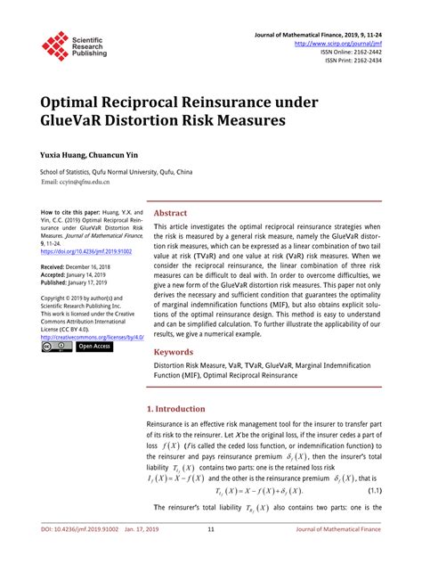 Pdf Optimal Reciprocal Reinsurance Under Gluevar Distortion Risk Measures
