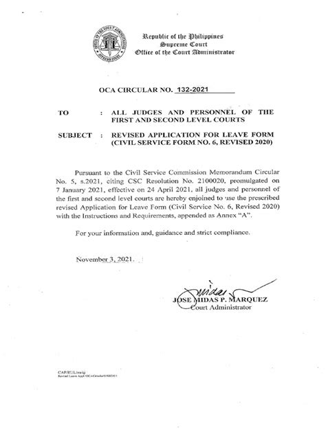 Oca Circular No 132 2021 Leave Form Pdf