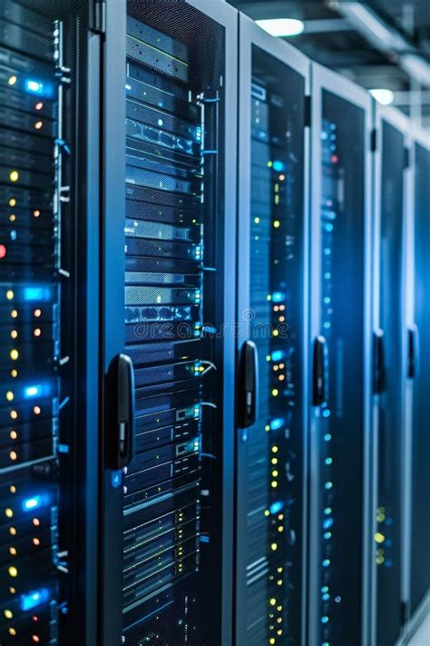 blue lit server racks in a data center web hosting cloud computing