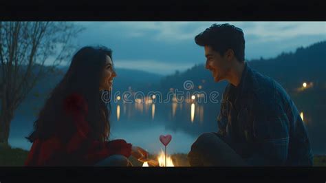 Romantic Couple Campfire Night Lake View Love Date Ai Generated Stock