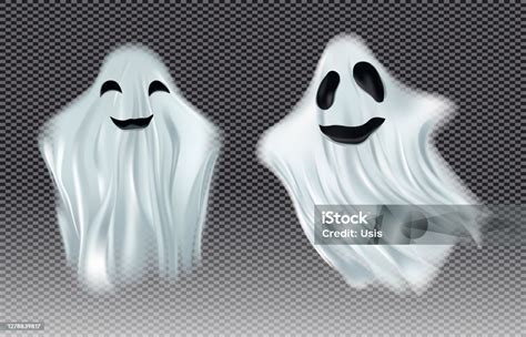 흰색 투명 고스트 벡터 그림 어두운 배경에 고립 된 유령 할로윈 괴물 정신의 개념 다른 세계에서 생물 사후 세계 벡터 일러스트레이션 3차원 형태에 대한 스톡 벡터 아트 및